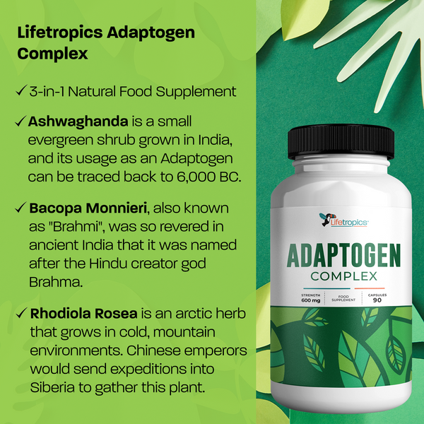 Lifetropics Adaptogen Complex - 600mg Ashwagandha, Rhodiola Rosea, Bacopa Monnieri Supplement ...